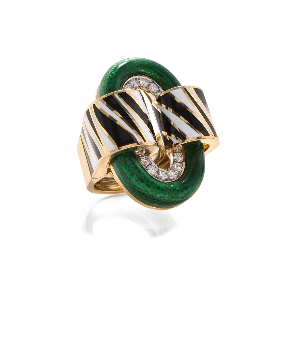 Zebra Stripe Oval Buckle Ring, Green Enamel | David Webb New York