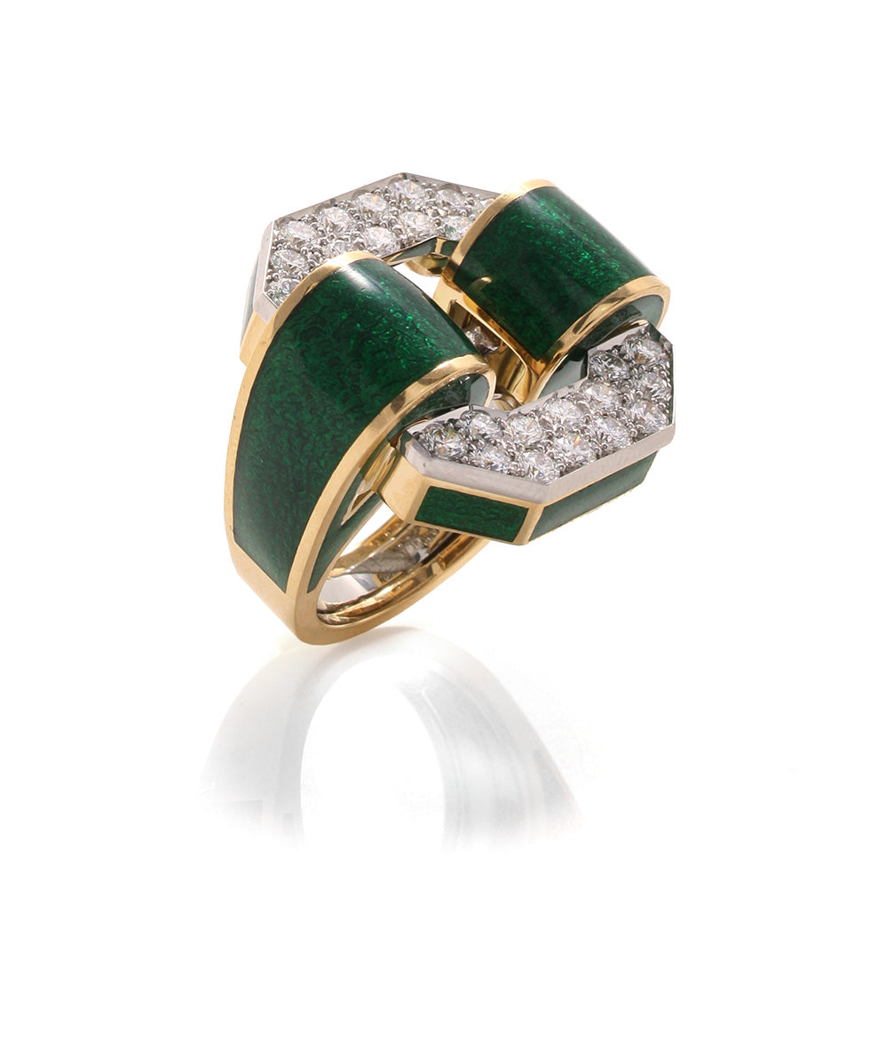 Small Octagonal Buckle Ring, Green Enamel | David Webb New York
