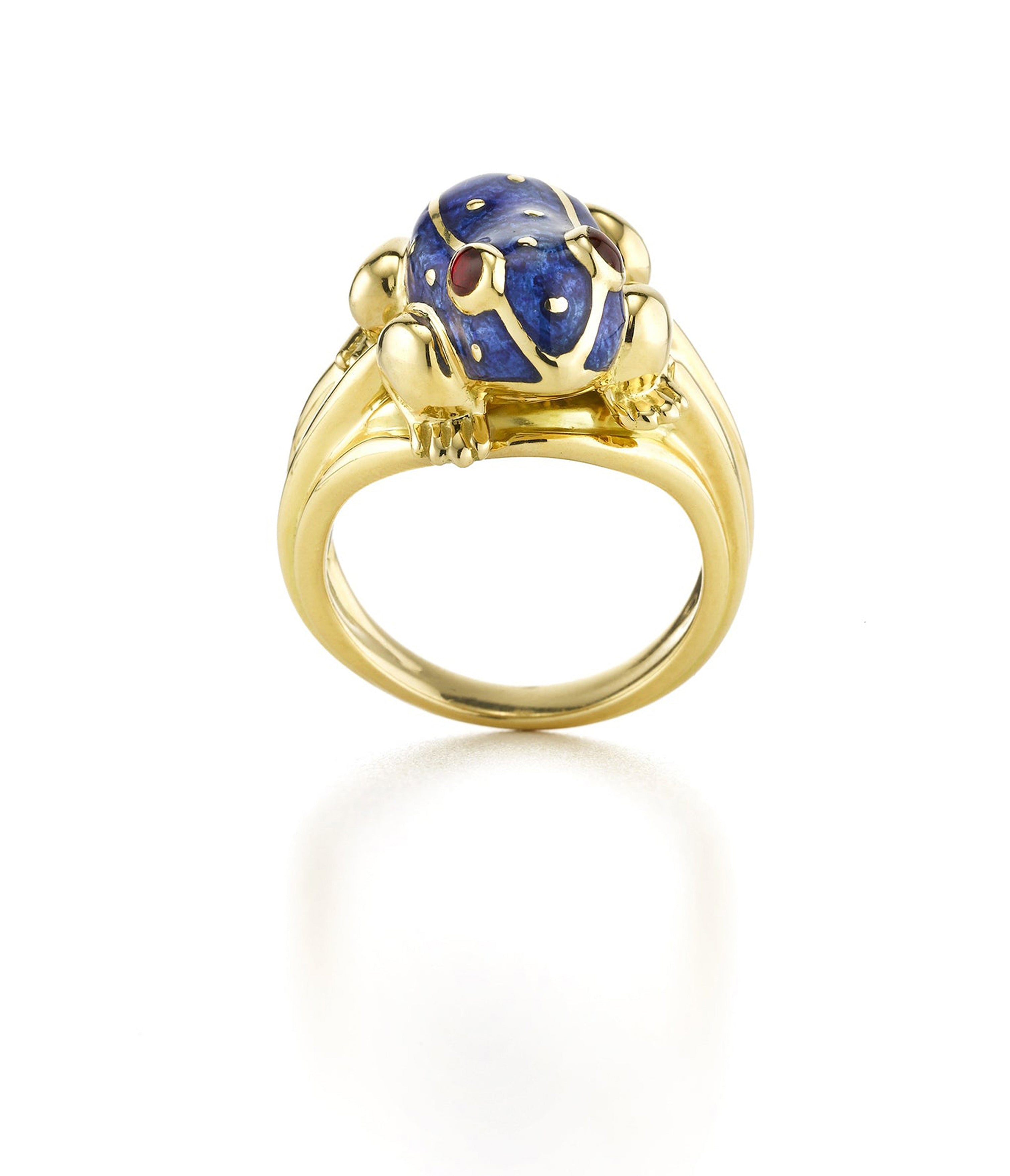 Official | David Webb New York | Baby Frog Ring, Blue Enamel